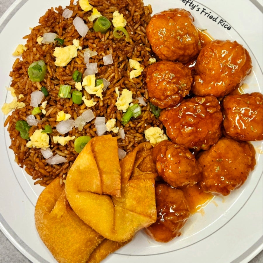 #2 Plain Fried Rice, Boneless Hot Braised Chicken, (2) Crab Rangoon ...